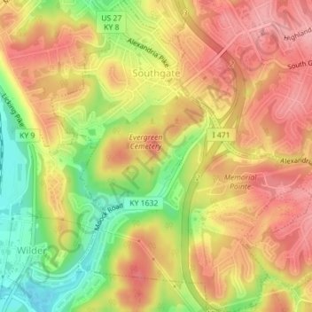 Mapa topográfico Southgate, altitude, relevo