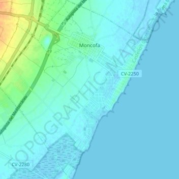 Mapa topográfico Moncofa, altitude, relevo
