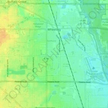 Mapa topográfico Wheeling, altitude, relevo
