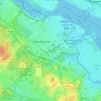 Mapa topográfico Marchwood, altitude, relevo