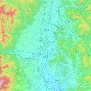 Mapa topográfico Kitakami, altitude, relevo