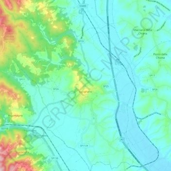 Mapa topográfico Lucignano, altitude, relevo