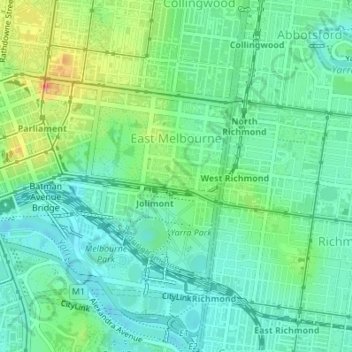 Mapa topográfico East Melbourne, altitude, relevo
