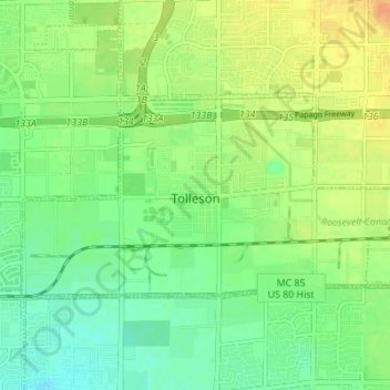 Mapa topográfico Tolleson, altitude, relevo
