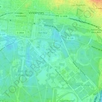 Mapa topográfico Parc Floral de Paris, altitude, relevo