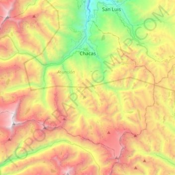 Mapa topográfico Chacas, altitude, relevo