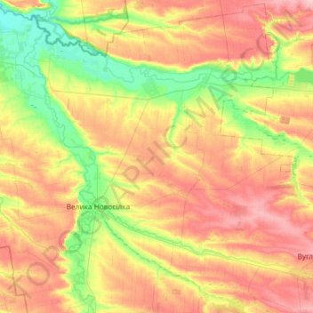 Mapa topográfico Velyka Novosilka Settlement Hromada, altitude, relevo