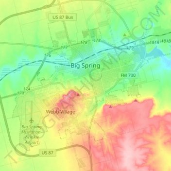 Mapa topográfico Big Spring, altitude, relevo
