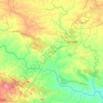 Mapa topográfico Giridih, altitude, relevo